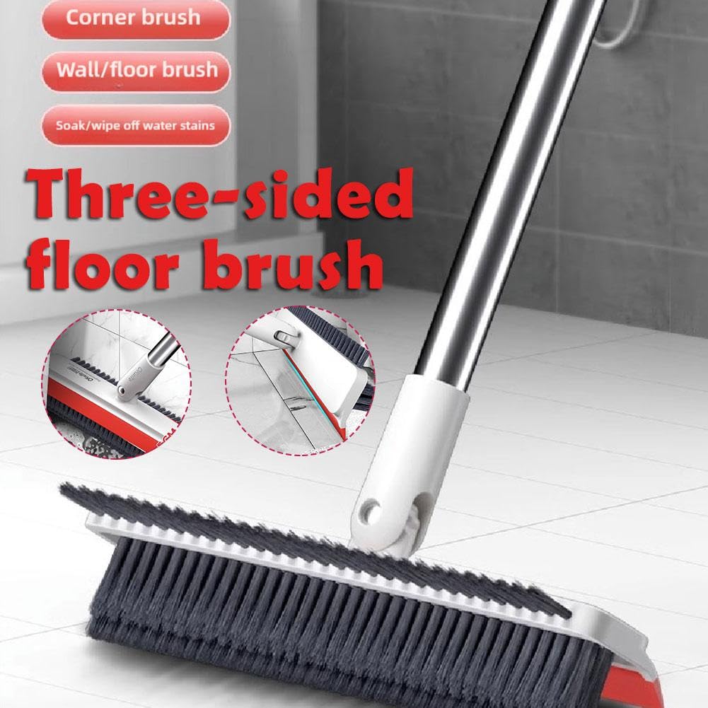 Three Sided Floor Brush,Floor Scrub Brush with Long Handle,3 in 1 Scrape and Double-Sided Stiff Bristle Scrub Brush,Rubber Broom Carpet Rake,Scrape & Heavy-Duty Stiff Bristle Scrubber Brush for Bath