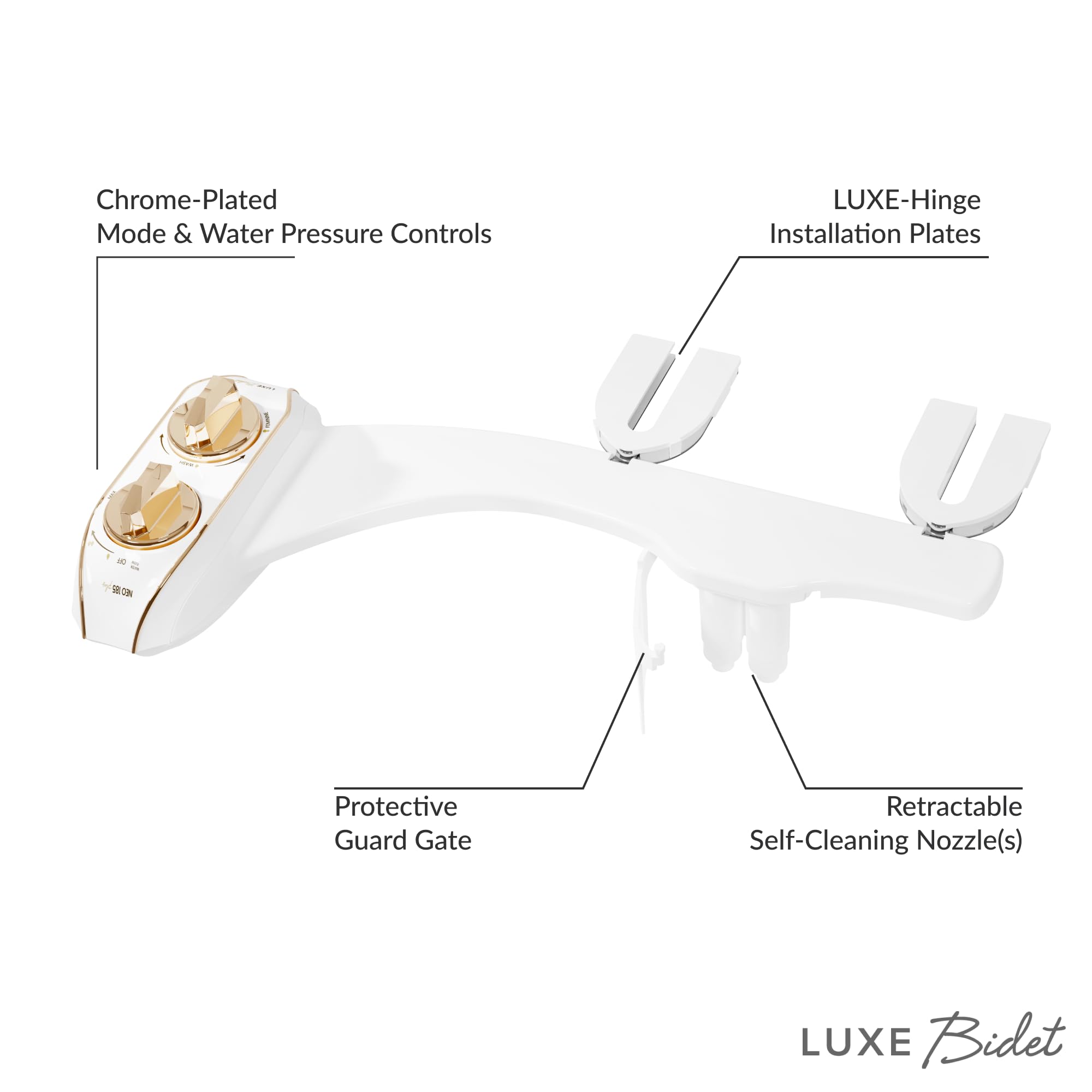 LUXE Bidet NEO 185 Plus Gold, Toilet Seat Bumpers, and Shut-off Valve T-Adapter Bundle