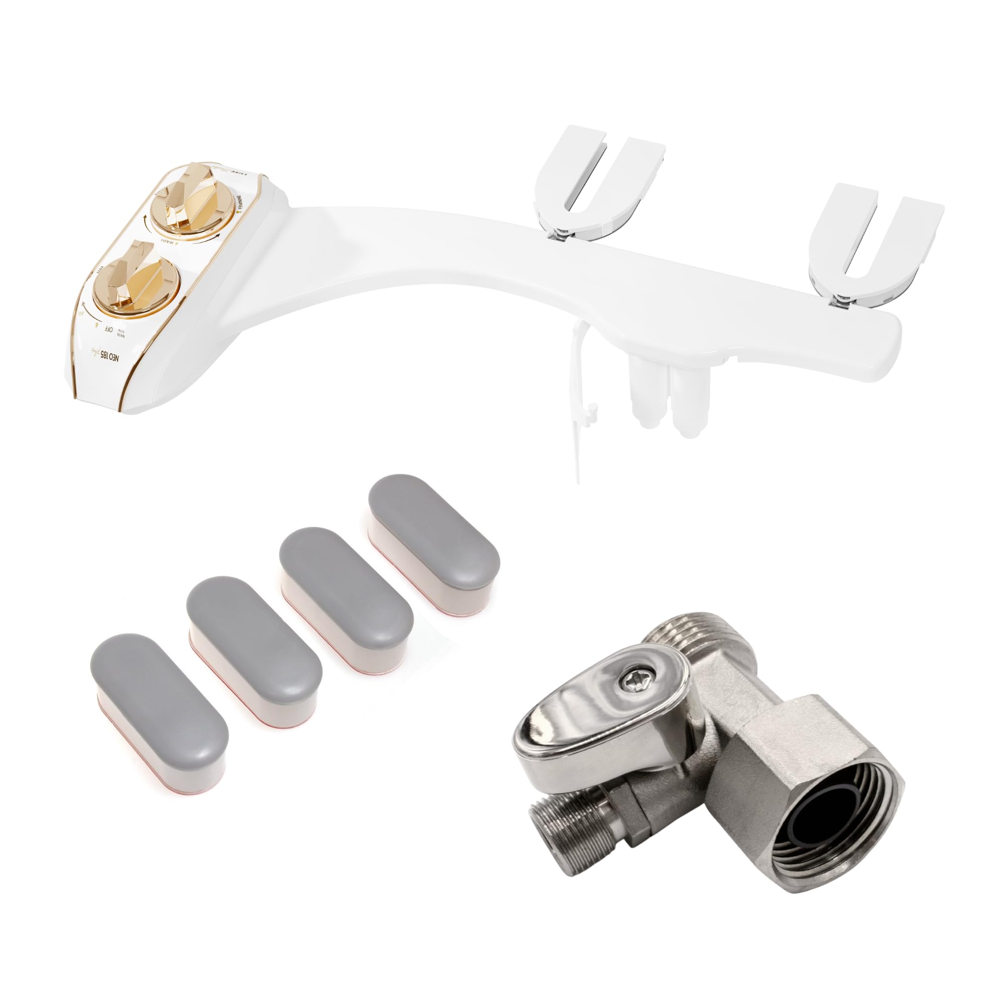 LUXE Bidet NEO 185 Plus Gold, Toilet Seat Bumpers, and Shut-off Valve T-Adapter Bundle