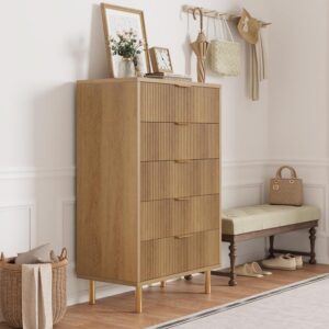 natural dresser, modern 5 drawer dresser for bedroom with gold handle and large drawer, wood double chest of drawers and storage organizer for living room, hallway, entryway