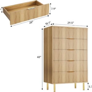 Natural Dresser, Modern 5 Drawer Dresser for Bedroom with Gold Handle and Large Drawer, Wood Double Chest of Drawers and Storage Organizer for Living Room, Hallway, Entryway