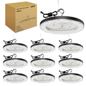 royana ufo led high bay light, plug & paly lighting for warehouse,5000k daylight, 200w, ac110v-130v, 20000lm, ip65 waterproof and ideal heat dissipation, led shop light for factory barn 10 pack