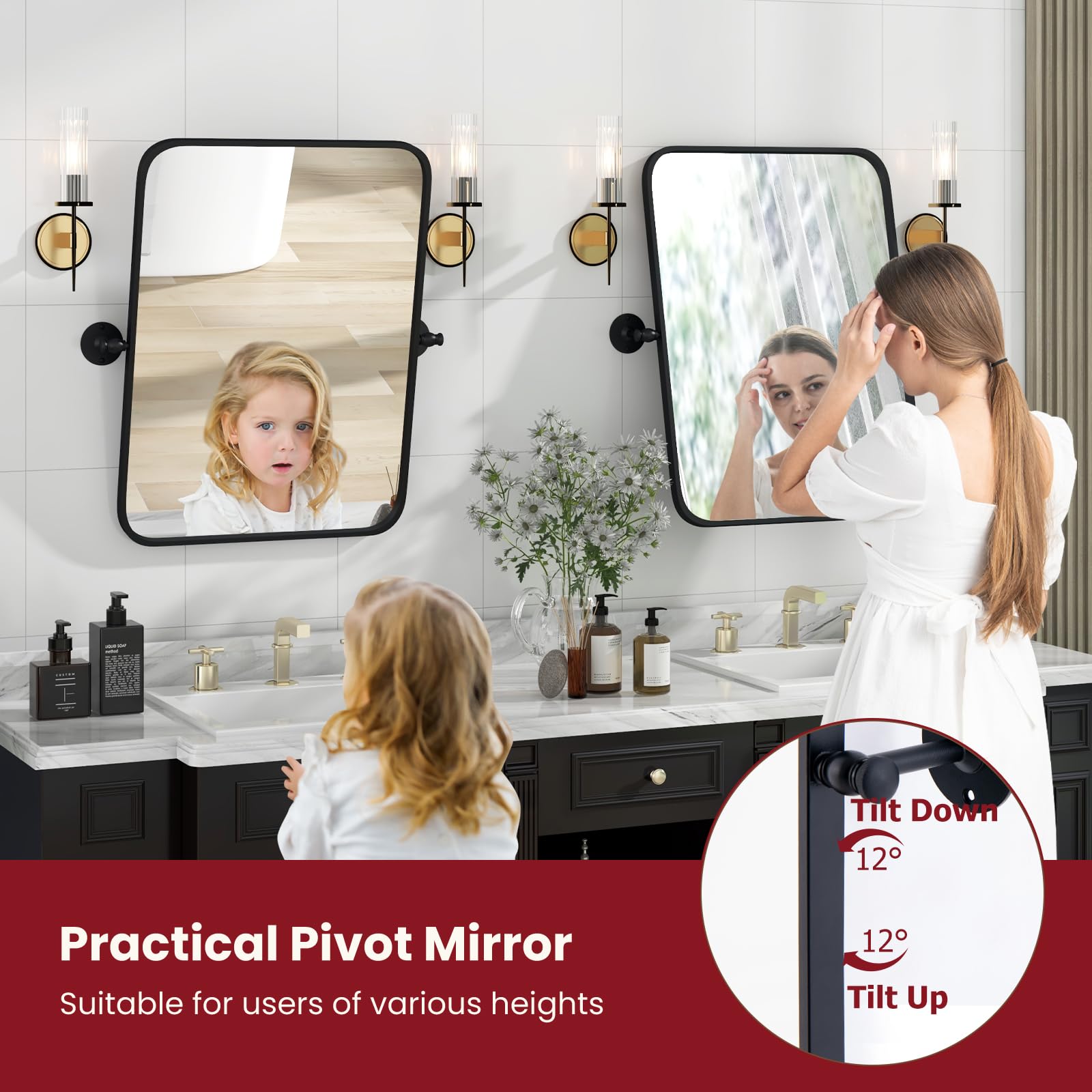 Tangkula 30 x 22 Pivot Mirror, Tilting Bathroom Mirror w/Shatter-Proof Film, Wall Brackets, Framed Wall Mounted Mirror for Bathroom, Living Room (2)