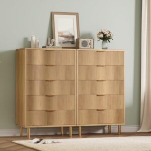 Natural Dresser, Modern 5 Drawer Dresser for Bedroom with Gold Handle and Large Drawer, Wood Double Chest of Drawers and Storage Organizer for Living Room, Hallway, Entryway