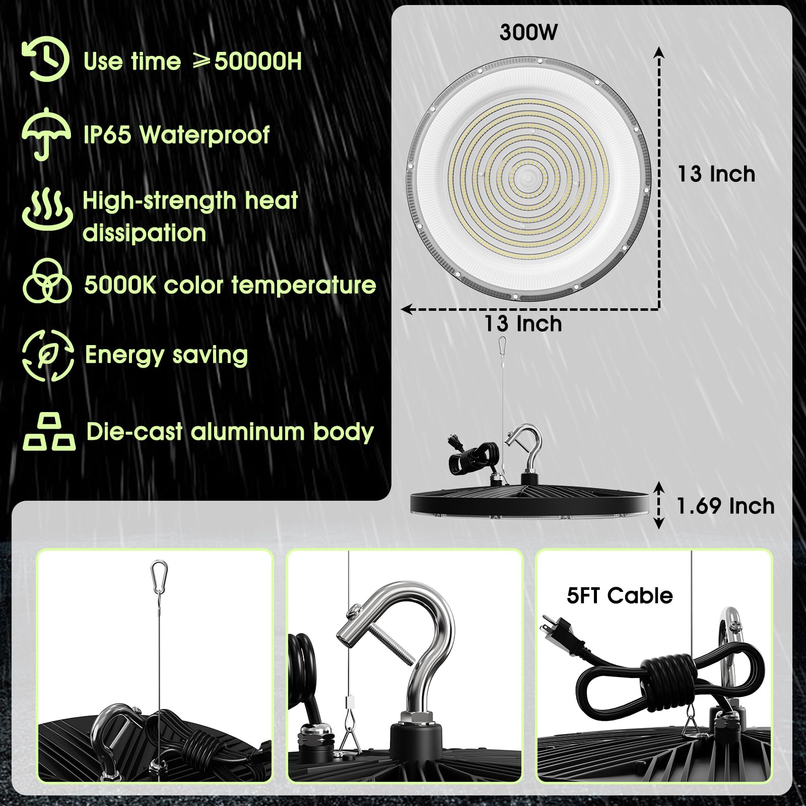 Royana UFO High Bay Light LED: Plug & Paly Lighting for Warehouse,5000K Daylight, 300W, AC110V-130V, 30000LM, IP65 Waterproof and Ideal Heat Dissipation, LED Shop Light for Factory Barn