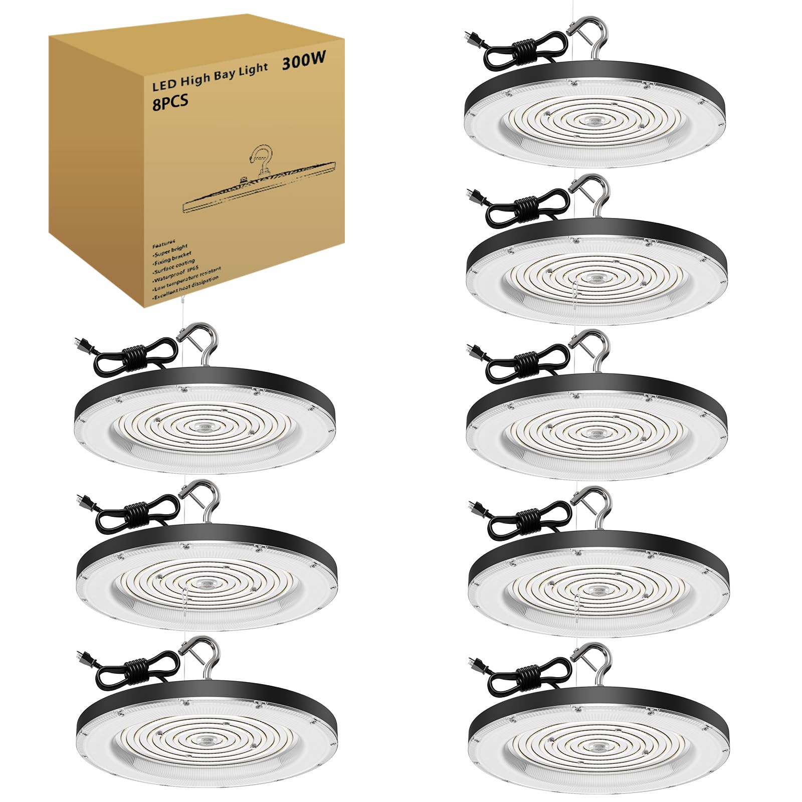 Royana UFO High Bay Light LED: Plug & Paly Lighting for Warehouse,5000K Daylight, 300W, AC110V-130V, 30000LM, IP65 Waterproof and Ideal Heat Dissipation, LED Shop Light for Factory Barn 8 Pack