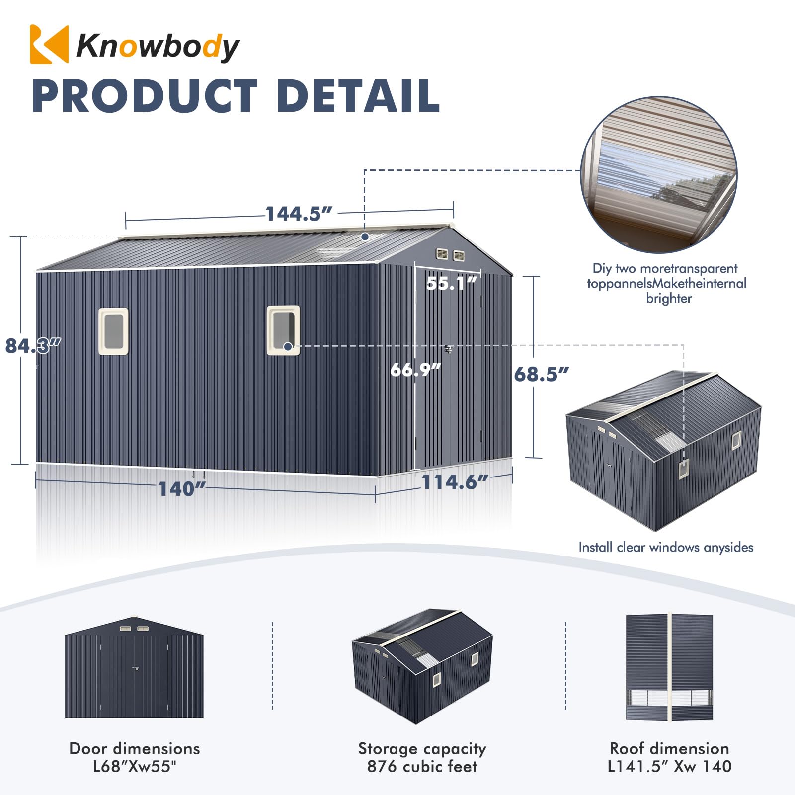 10x12x7 FT Metal Shed Outdoor Storage with Reinforcement, Natural Lighting Tool Sheds with Translucent Roof Panels, Windows, and Lockable Doors, Ideal for Garden, Backyard, and Patio