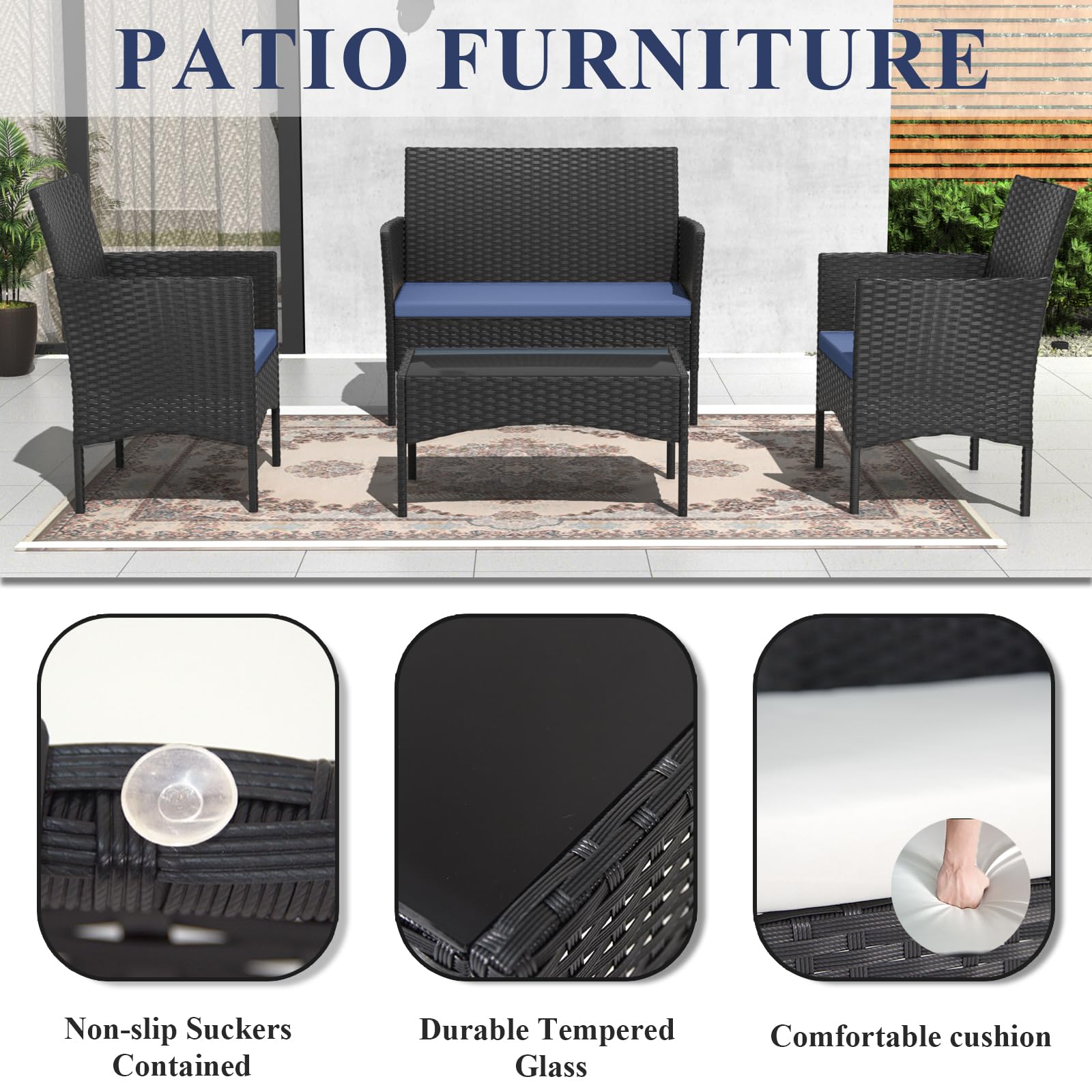 ALAULM 4 Pieces Patio Conversation Set Outdoor Rattan Patio Furniture Set Wicker Chairs with Soft Cushion and Glass Table for Patio, Backyard, Porch, Poolside(Dark Blue)