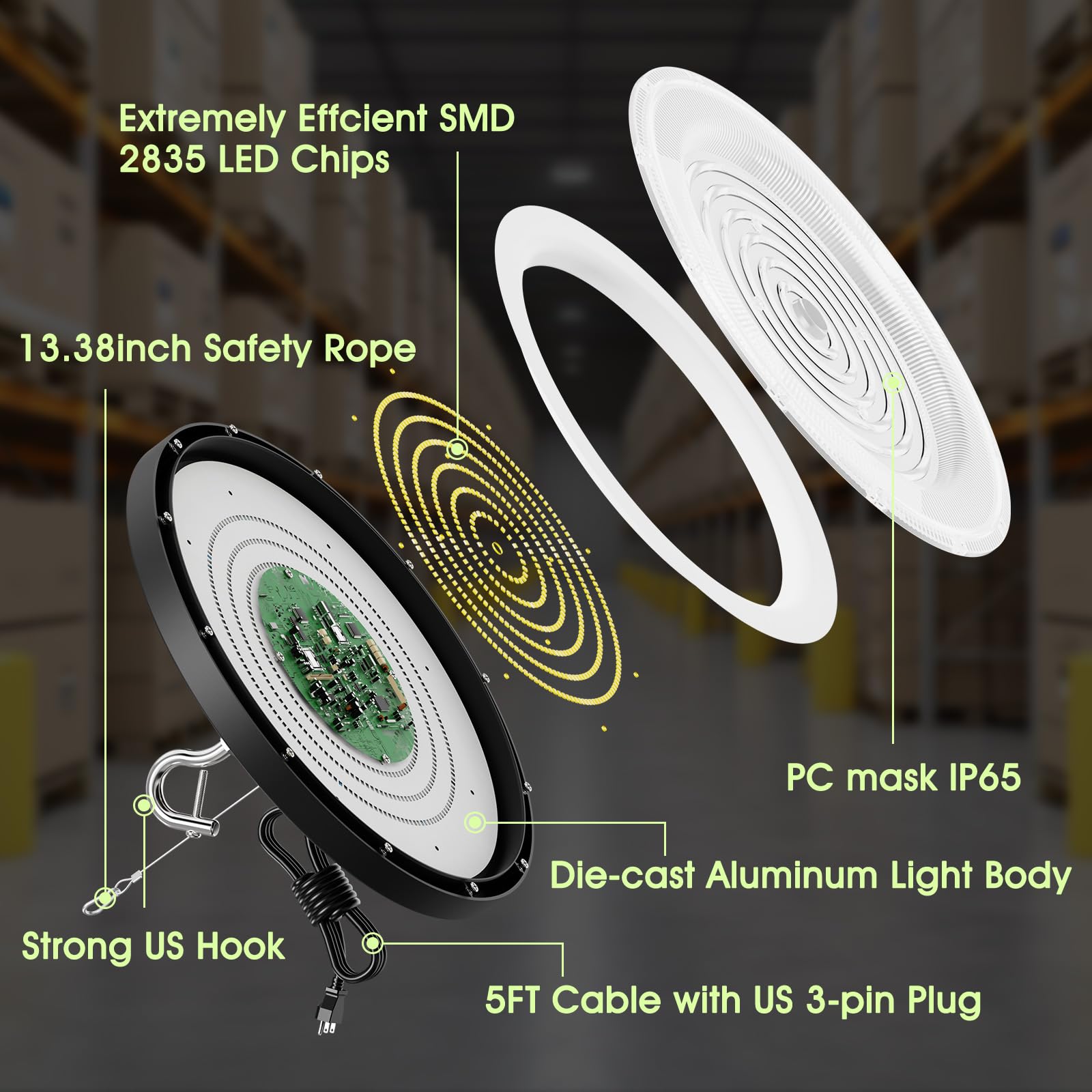 Royana UFO High Bay Light LED: Plug & Paly Lighting for Warehouse,5000K Daylight, 300W, AC110V-130V, 30000LM, IP65 Waterproof and Ideal Heat Dissipation, LED Shop Light for Factory Barn