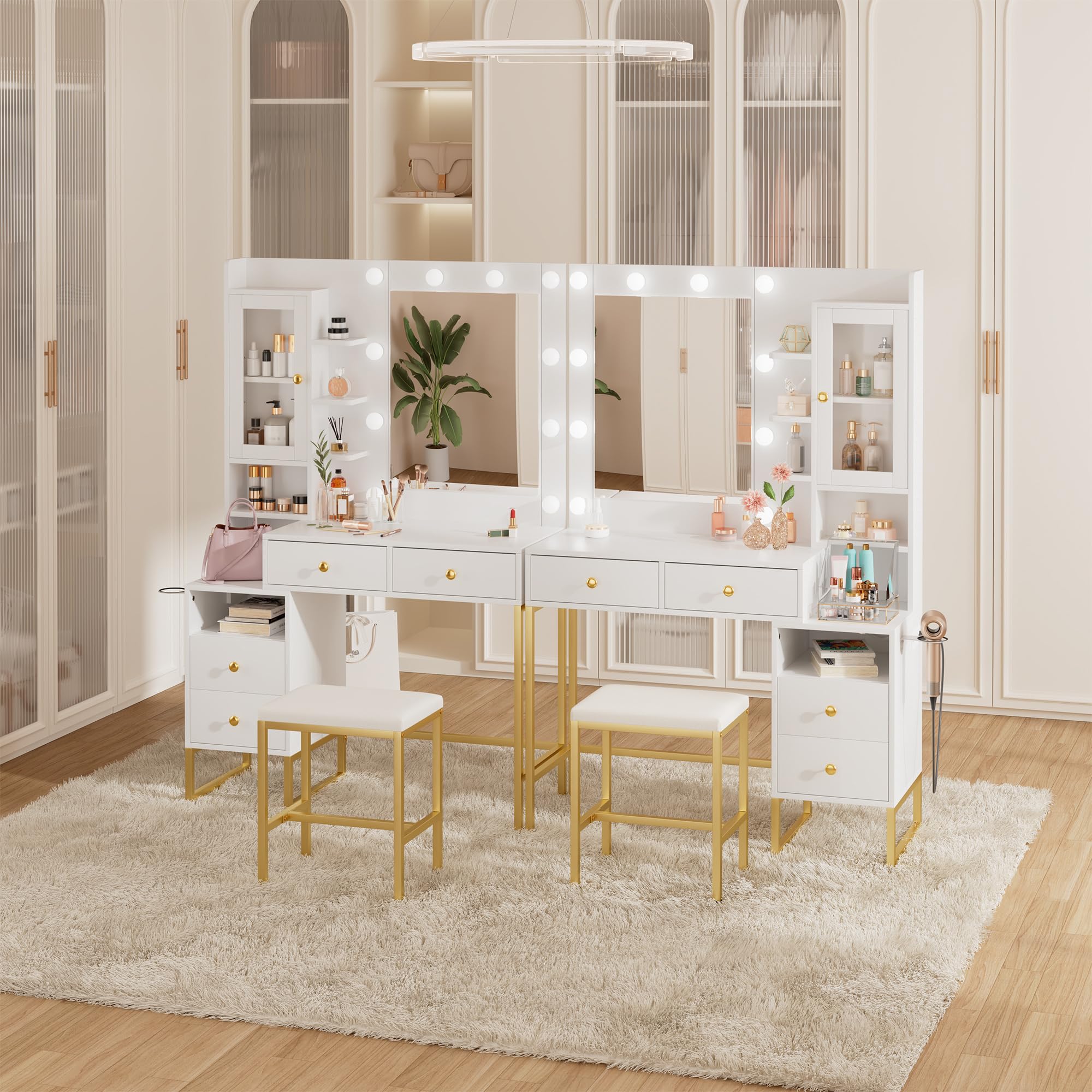 Esmlada Makeup Vanity Desk with Sliding LED Lighted Mirror, Large White Vanity Desk with Drawers, Charging Station, Shelves and Side Storage, 3 Model Adjustable Lights for Bedroom & Dressing Room