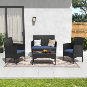 ALAULM 4 Pieces Patio Conversation Set Outdoor Rattan Patio Furniture Set Wicker Chairs with Soft Cushion and Glass Table for Patio, Backyard, Porch, Poolside(Dark Blue)