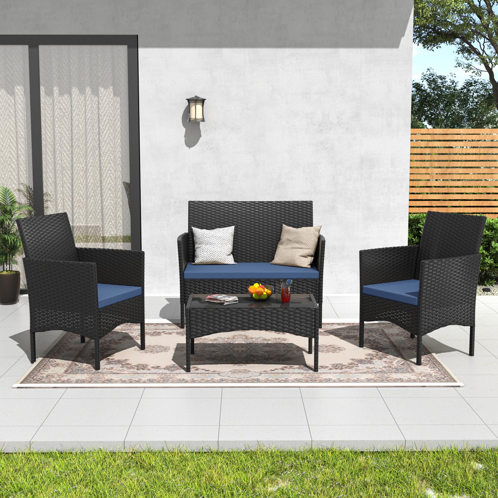 ALAULM 4 Pieces Patio Conversation Set Outdoor Rattan Patio Furniture Set Wicker Chairs with Soft Cushion and Glass Table for Patio, Backyard, Porch, Poolside(Dark Blue)