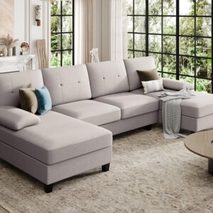 SUNLEI 106" Sectional Sofa Couches for Living Room, 4 Seat U-Shaped Sofa Couch with Linen Fabric and Double Chaises, Modern Living Room Furniture Sets for Apartment, White