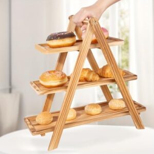 Wooden Cake Stand with 3 Tiers, Rectangular Pastry Display Stand, Portable & Detachable Dessert Rack, Party Food Tray, Serving Platter for Fruits, Cakes & Sweets, Wedding Catering Display