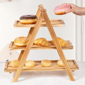 wooden cake stand with 3 tiers, rectangular pastry display stand, portable & detachable dessert rack, party food tray, serving platter for fruits, cakes & sweets, wedding catering display