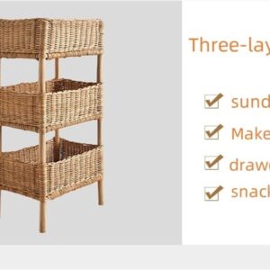 Rattan Shelving Unit 3 Tiers Standing Wooden Caddy | Hand Woven Portable Laundry Bin Basket | Living Room, Bedroom, Kitchen Organizer