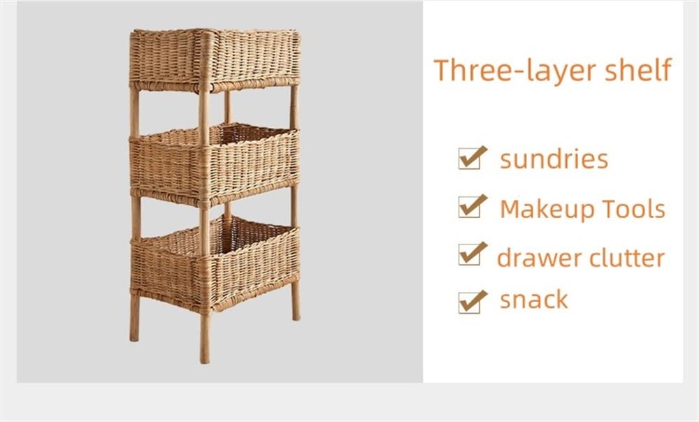 Rattan Shelving Unit 3 Tiers Standing Wooden Caddy | Hand Woven Portable Laundry Bin Basket | Living Room, Bedroom, Kitchen Organizer