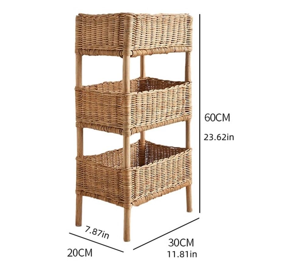 Rattan Shelving Unit 3 Tiers Standing Wooden Caddy | Hand Woven Portable Laundry Bin Basket | Living Room, Bedroom, Kitchen Organizer