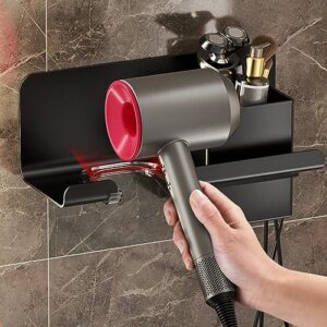 Aurgiarme Wall Mounted No Drill Hair Dryer Holder Aluminum Hair Dryer Storage Rack Bathroom Shelves Bathroom Accessories