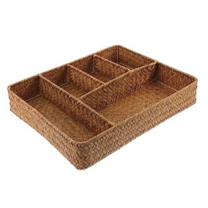 outanaya straw storage box bathroom counter organization basket with dividers divided wicker basket 5 compartment organizer rustic toilet paper basket snack toys basket divided basket khaki