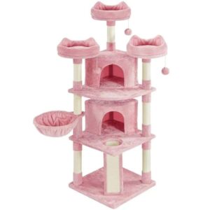 pink 69” multi-level cat tree with condos, scratching posts & platforms