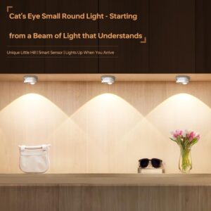 Cat's Eye Small Round Motion Sensor Light Build in Rechargeable Battery Magnetic LED Ceiling Light for Cupboard,Storage Rack,Entrance Hall,Wine Cabinet. (4 Packs)