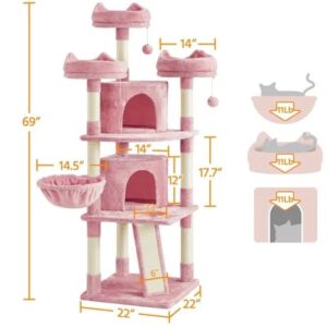 Pink 69” Multi-Level cat Tree with Condos, Scratching Posts & Platforms