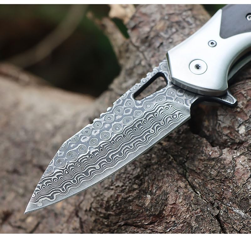 Damascus Pocket Knife, 3.54" Damascus Steel Blade Folding Knives with Wood Handle and Clip, Gift for Camping Collection