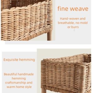 Rattan Shelving Unit 3 Tiers Standing Wooden Caddy | Hand Woven Portable Laundry Bin Basket | Living Room, Bedroom, Kitchen Organizer