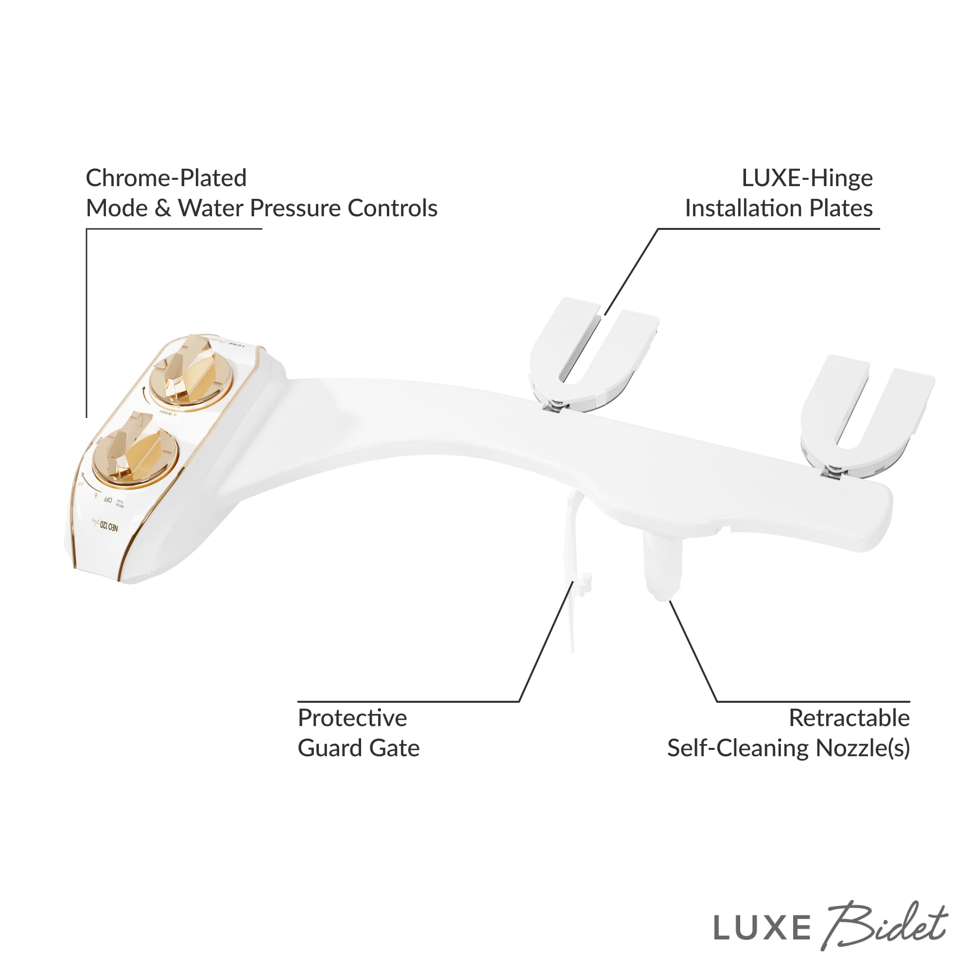 LUXE Bidet NEO 120 Plus - Value Pack of 2 - Patented Bidet Attachments for Toilet Seat with Innovative Hinges to Clean, Slide-in Easy Install, Advanced 360° Self-Clean (Gold and Chrome)