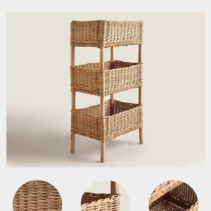 Rattan Shelving Unit 3 Tiers Standing Wooden Caddy | Hand Woven Portable Laundry Bin Basket | Living Room, Bedroom, Kitchen Organizer