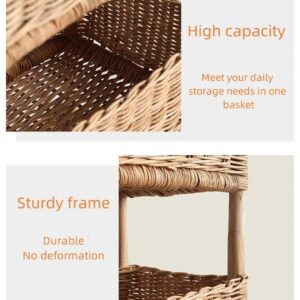 Rattan Shelving Unit 3 Tiers Standing Wooden Caddy | Hand Woven Portable Laundry Bin Basket | Living Room, Bedroom, Kitchen Organizer