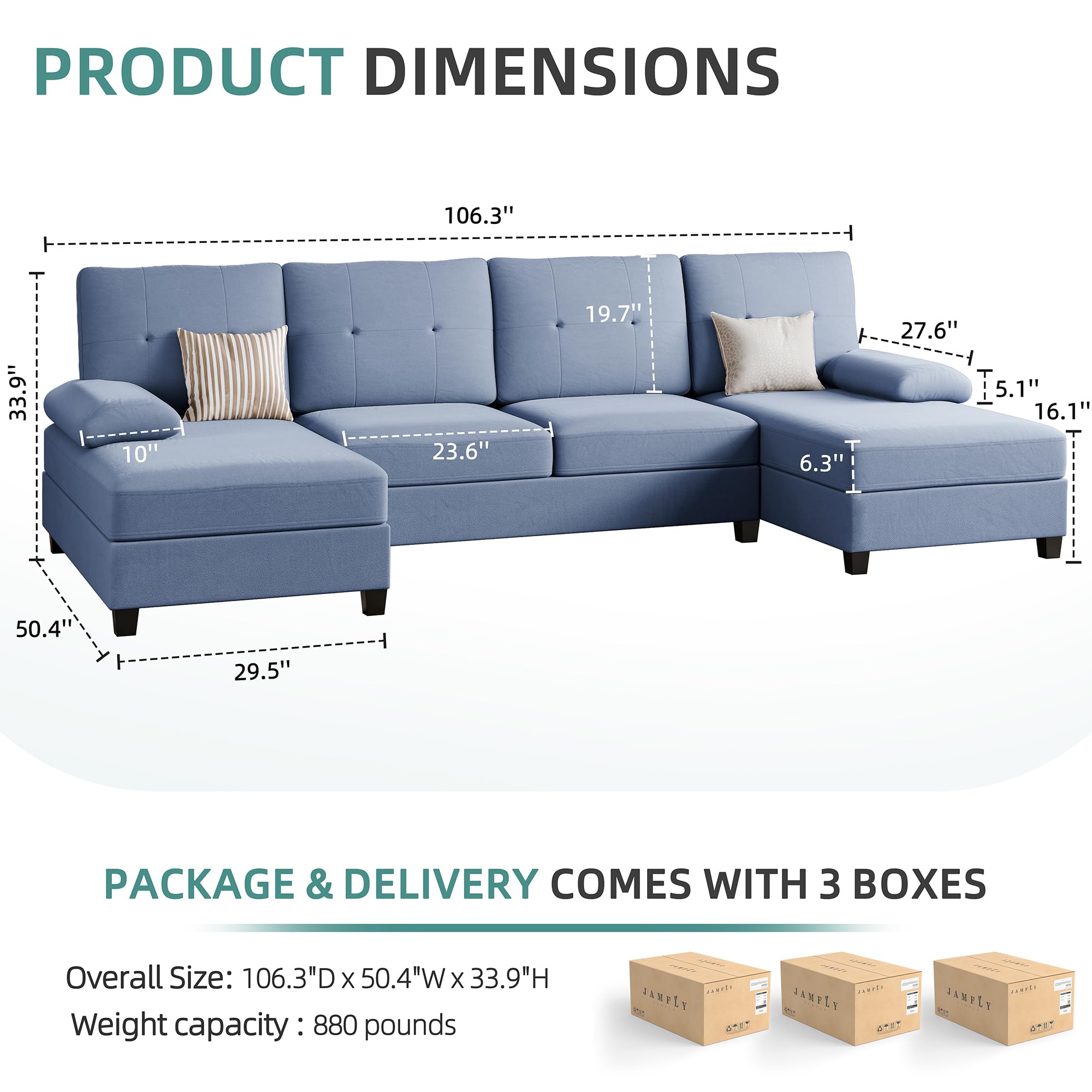 JAMFLY Sectional Sofa Couches for Living Room, Living Room Furniture Sets Clearance, 4 Seat U Shaped Sofa Sectional Couch with Chaise, Blue