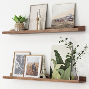 FLYJOE Floating Picture Ledge Shelves 36 Inch Solid Oak Wood Set of 2+Floating Shelves Set of 2, Rustic Wall Storage Shelves with Lip, Kids Bookshelf, Photo & Picture Ledge Shelves