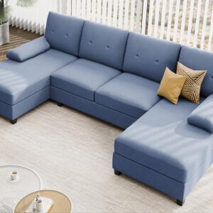 JAMFLY Sectional Sofa Couches for Living Room, Living Room Furniture Sets Clearance, 4 Seat U Shaped Sofa Sectional Couch with Chaise, Blue