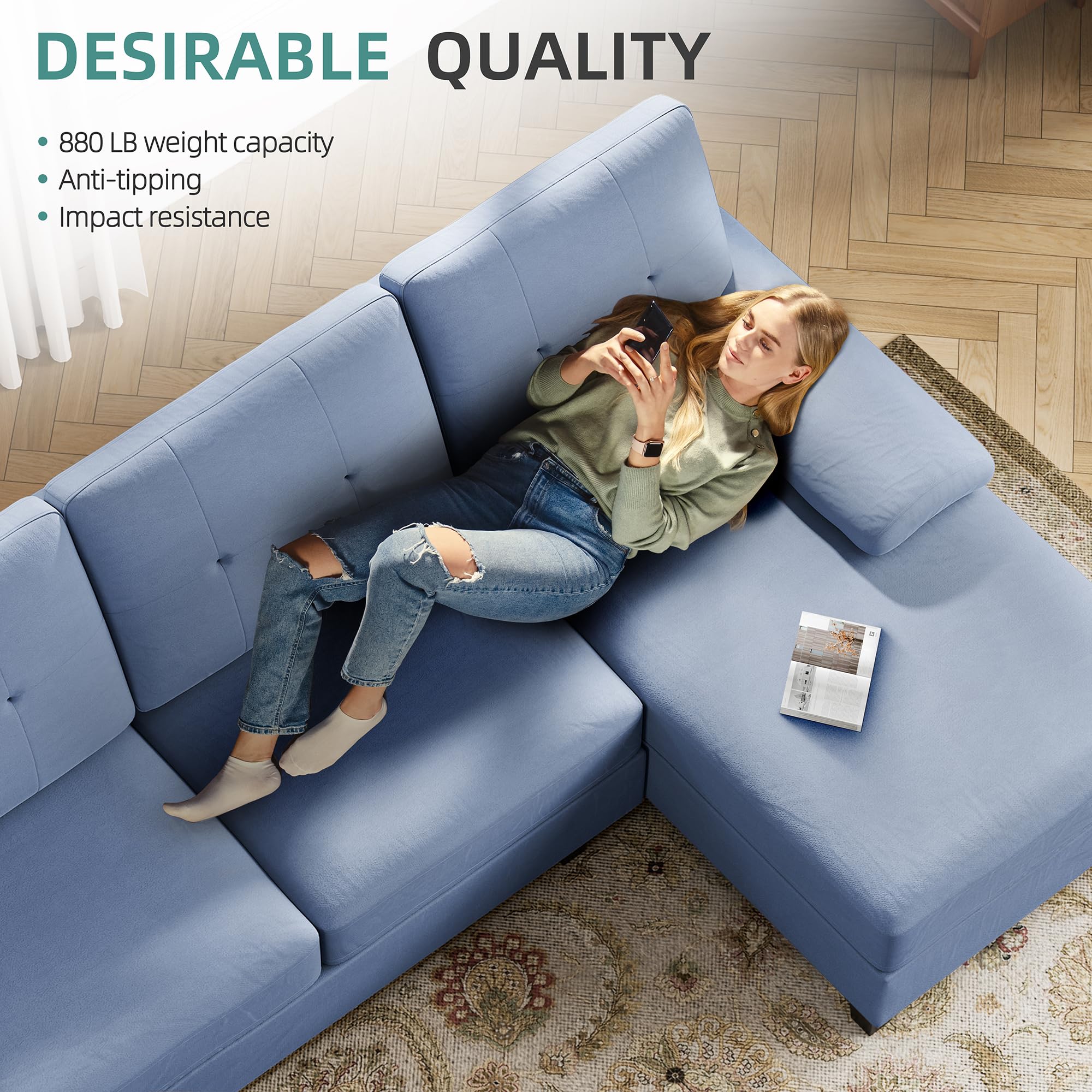 JAMFLY Sectional Sofa Couches for Living Room, Living Room Furniture Sets Clearance, 4 Seat U Shaped Sofa Sectional Couch with Chaise, Blue