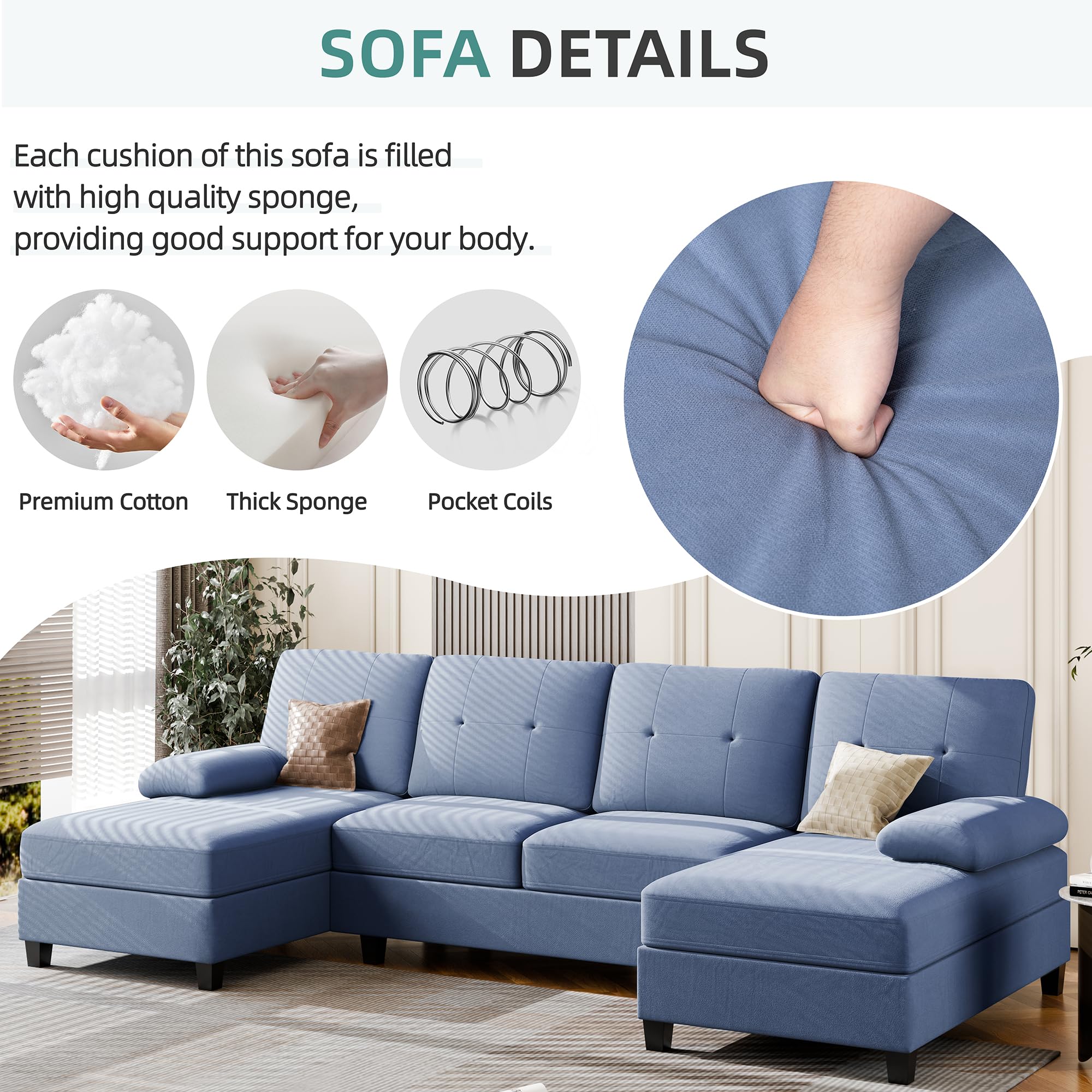 JAMFLY Sectional Sofa Couches for Living Room, Living Room Furniture Sets Clearance, 4 Seat U Shaped Sofa Sectional Couch with Chaise, Blue