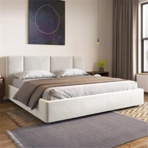 omax decor venice upholstered platform bed | box spring not required | (cream beige boucle, king bed frame)