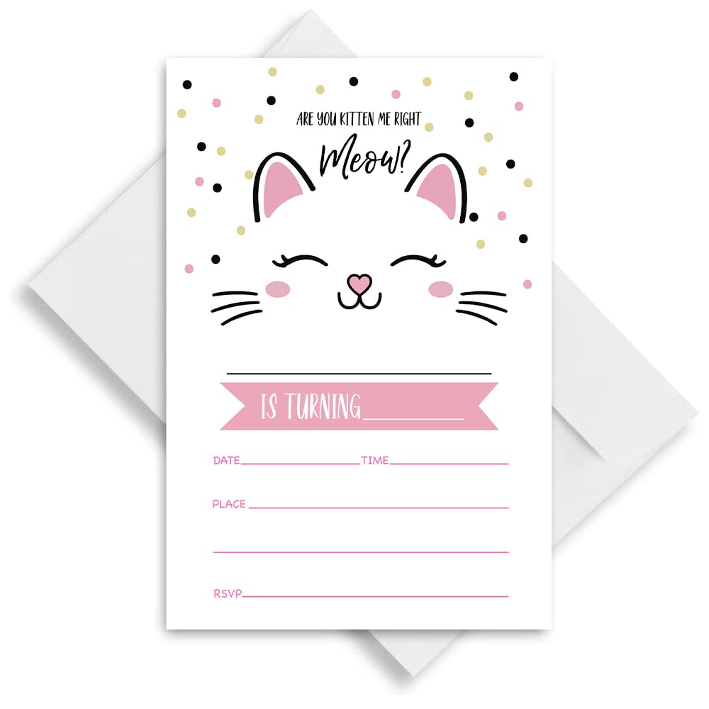 LoaHak Kitty Cat Birthday Invitation, Cat Birthday Invitations, Cats Party Invitations Kitty Cards For Children Kids Birthday Party. (050)