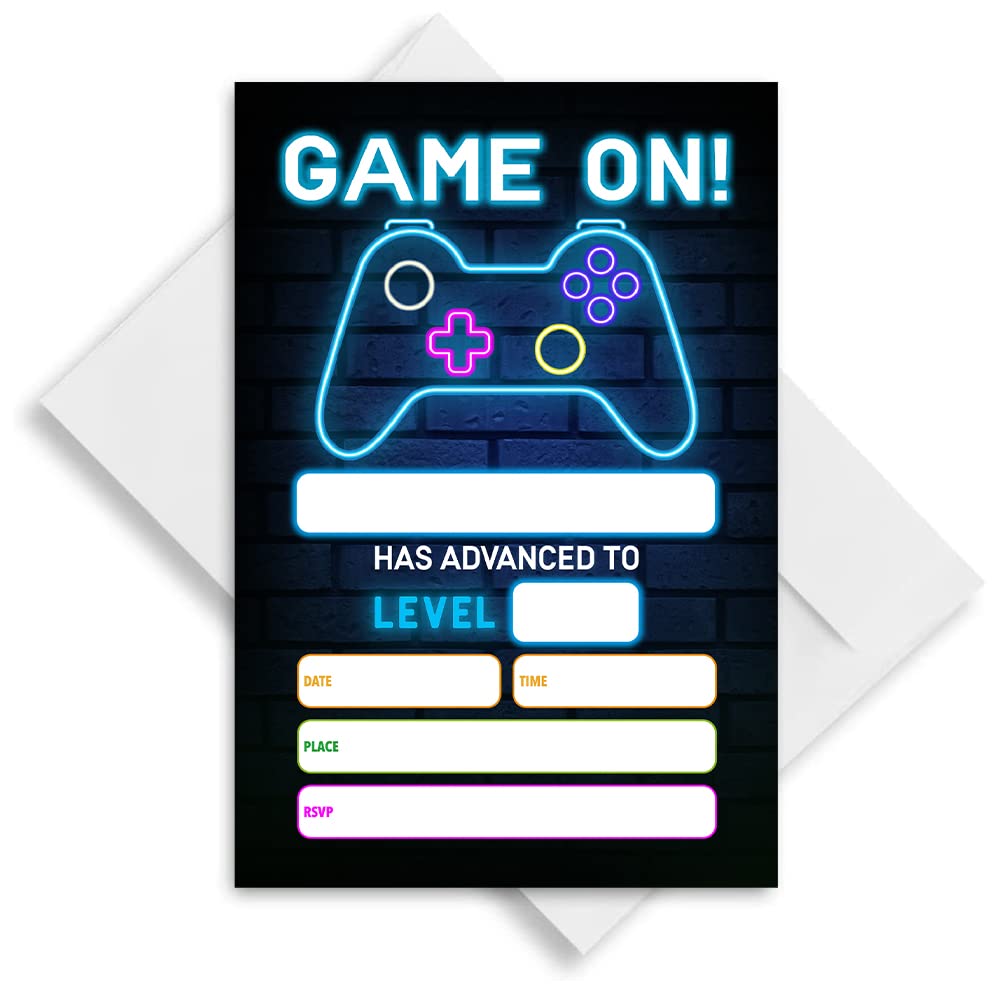 LoaHak Video Game Birthday Party Invitations, Video Game Birthday Invitations, Neon Party Invite, Birthday Party Invitations for Friends, Classmates, Teammates, etc. (048)