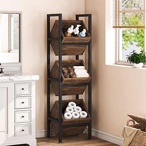 LITTLE TREE 3-Tier Basket Stand, Wooden Floor Stand Shelving Unit, Rustic Standing Organizer Storage Rack for Kitchen, Bathroom, Living Room