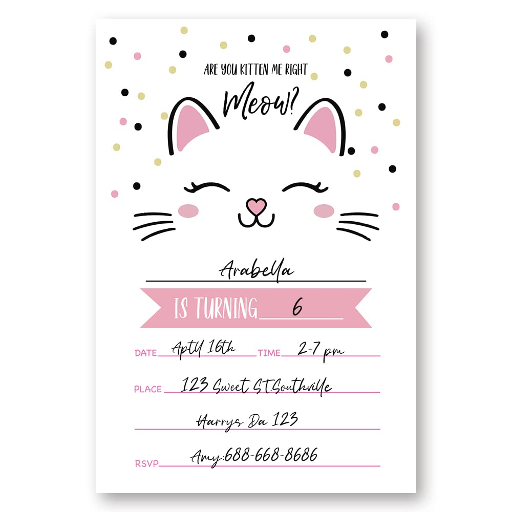 LoaHak Kitty Cat Birthday Invitation, Cat Birthday Invitations, Cats Party Invitations Kitty Cards For Children Kids Birthday Party. (050)