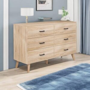 Bigbiglife Wood Dresser for Bedroom, 6 Drawer Dresser with Metal Handles, Mid Century Modern Dresser Double Chest of Drawer (Light Oak)