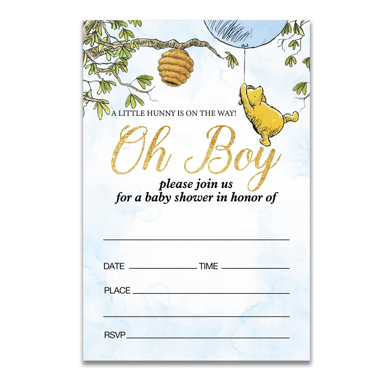 Dolimifa Blue Oh Boy a Little Hunny is on His Way Baby Shower Invitations Fill in Style Classic Winnie the Pooh Bear Baby Shower Invites, 20 Count With Envelopes