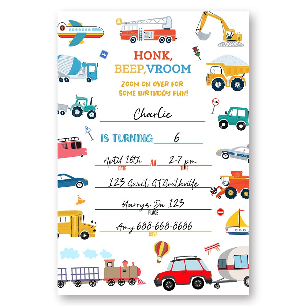 LoaHak Transportation Birthday Invitations Greeting Card, 20 Invitations and Envelopes, 4x6 inches, Minimalist Modern Style