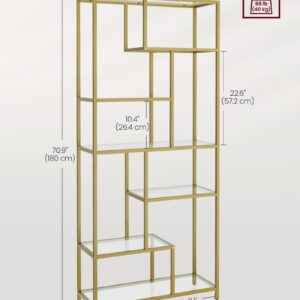 VASAGLE Bookshelf, 6-Tier Tall Bookcase, Display Shelf, Plant Stand, 11.8 x 31.5 x 70.9 Inches, Tempered Glass, for Study, Office, Living Room, Bedroom, Kitchen, Metallic Gold ULGT502A01