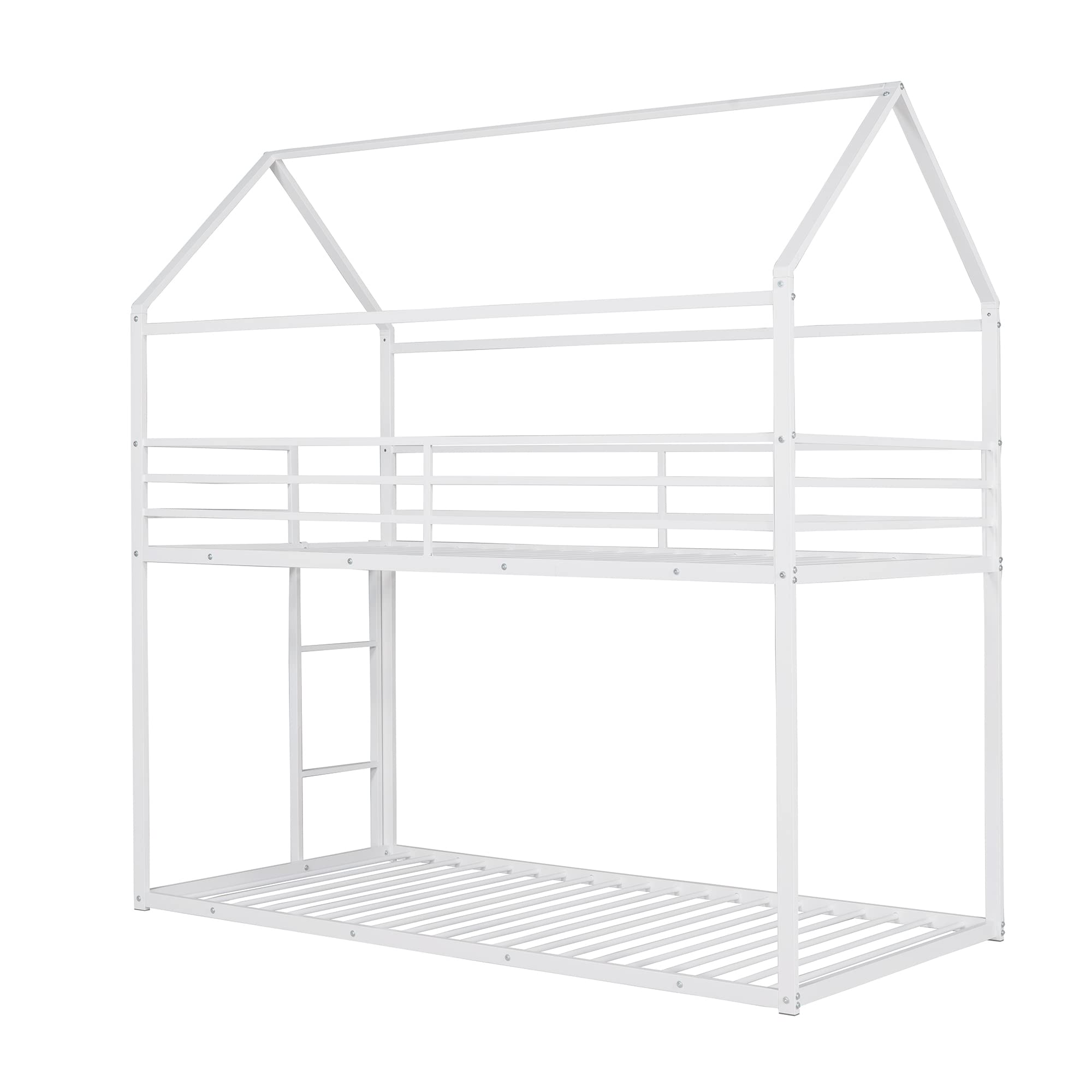 LostCat Twin Over Twin Metal Bunk Bed, House Low Bunk Bed Frame w/Safety Guardrail & Ladder, No Box Spring Needed, SEasy to Install, for Kids, Teens, Girls, Boys, White