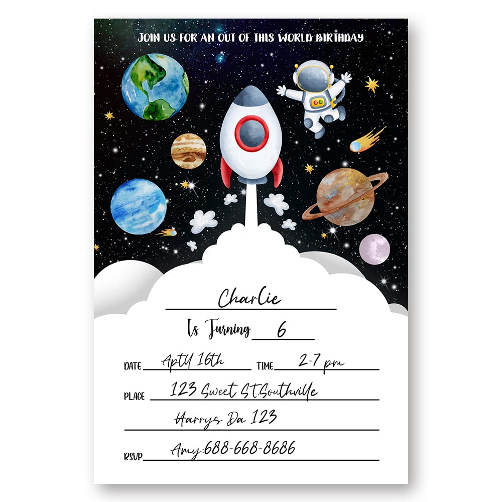 LoaHak Outer Space Birthday Party Invitations Card For Kids, Planets Rocket Ship Party, Galaxy Birthday Invitation. (064)