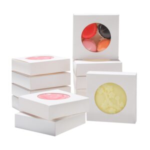 bssay 60pcs small soap packaging boxes 4.3x4.3x1.2 inch,white square paper boxes gift wrapping box with round clear window for bakery cookies cake candy soap packaging birthday gift boxes（white）