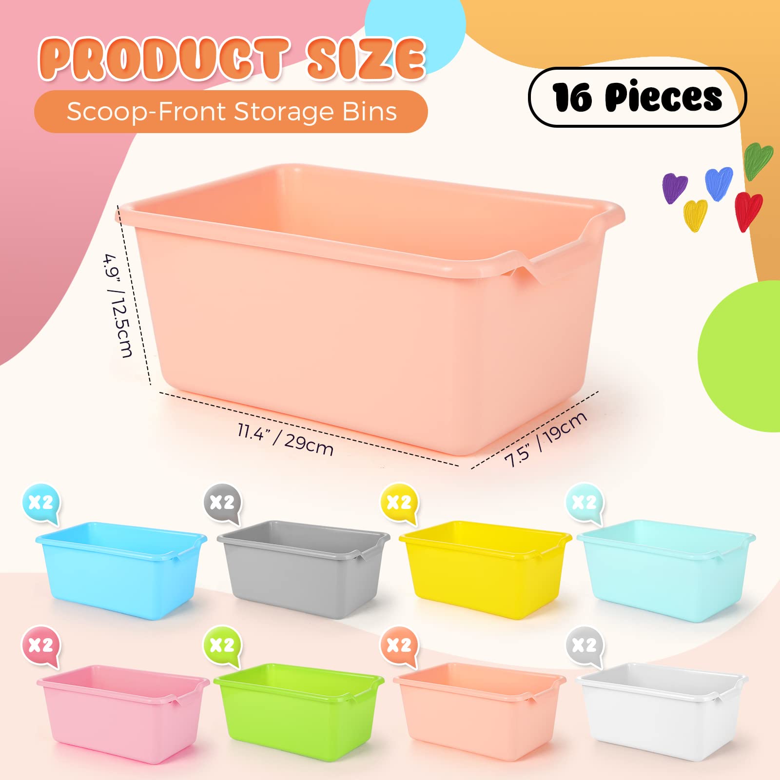 Dandat 16 Pcs Cubby Bins Plastic Books Bins Bulk Scoop Front Classroom Cubby Organization Stackable Toy Storage Tubs Containers for Classroom Office Home(11.42 x 7.87 x 5.12 Inch)